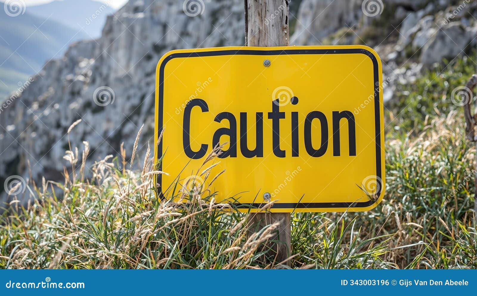 Caution Sign on Cliff Edge with Mountain Backdrop Stock Illustration ...