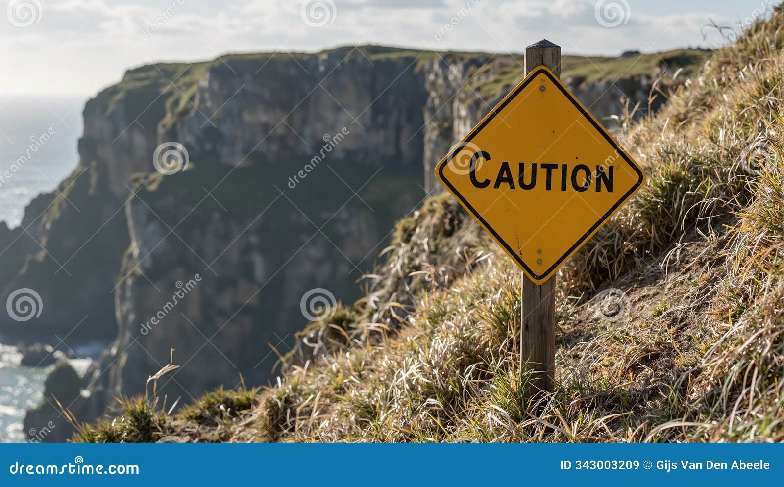 Caution Sign on Cliff Edge with Mountain Backdrop Stock Illustration ...