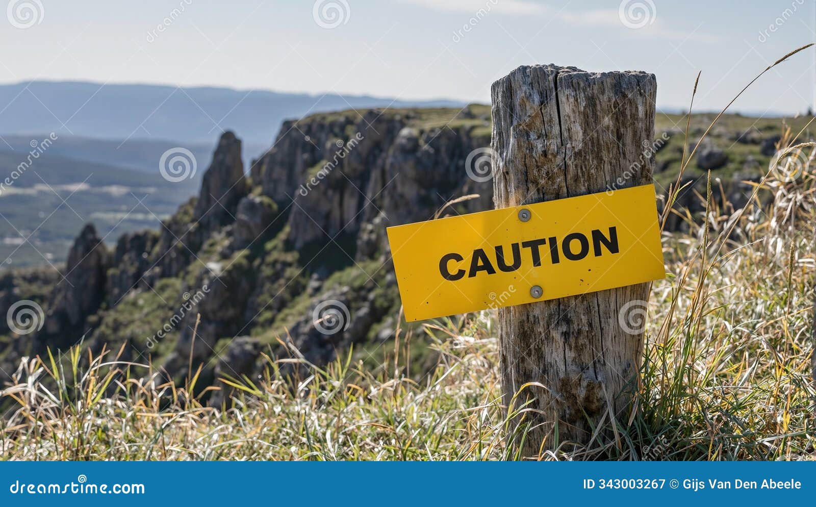 Caution Sign on Cliff Edge with Mountain Backdrop Stock Illustration ...
