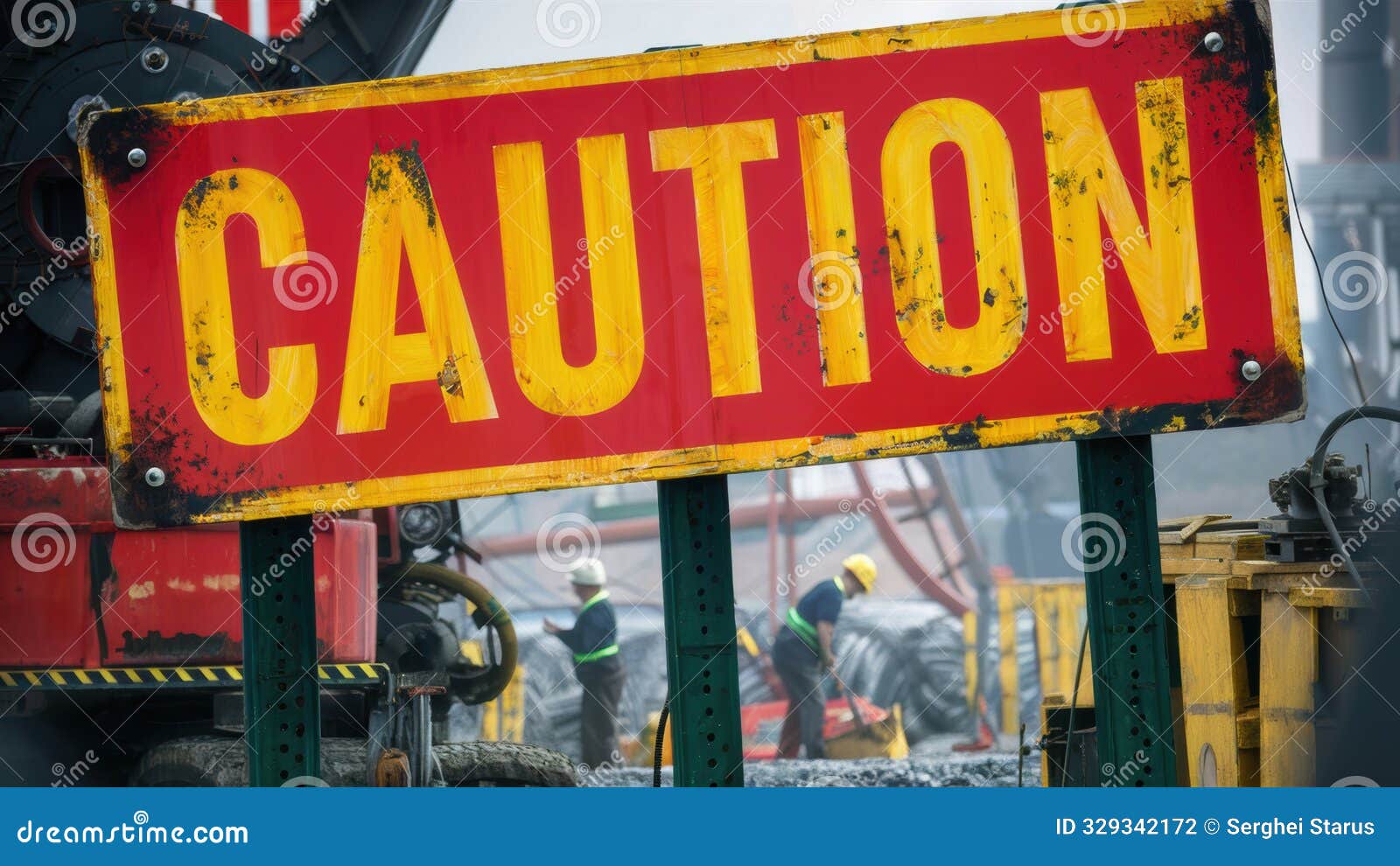 A Caution Sign with a Construction Worker in the Background, AI Stock ...