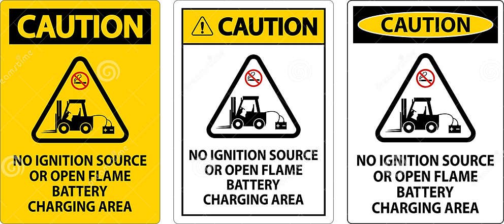 Caution Sign No Ignition Source or Open Flame, Battery Charging Area ...