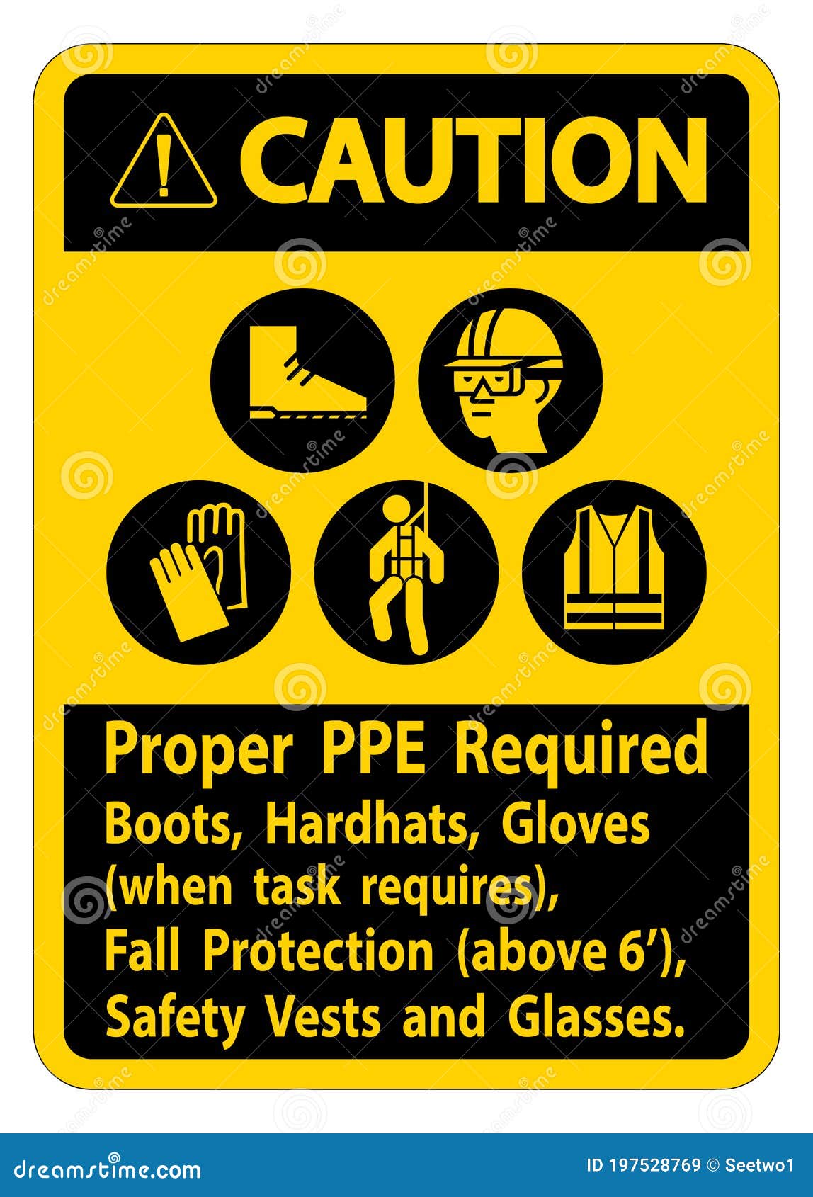Caution Sign Proper PPE Required Boots, Hardhats, Gloves When Task ...