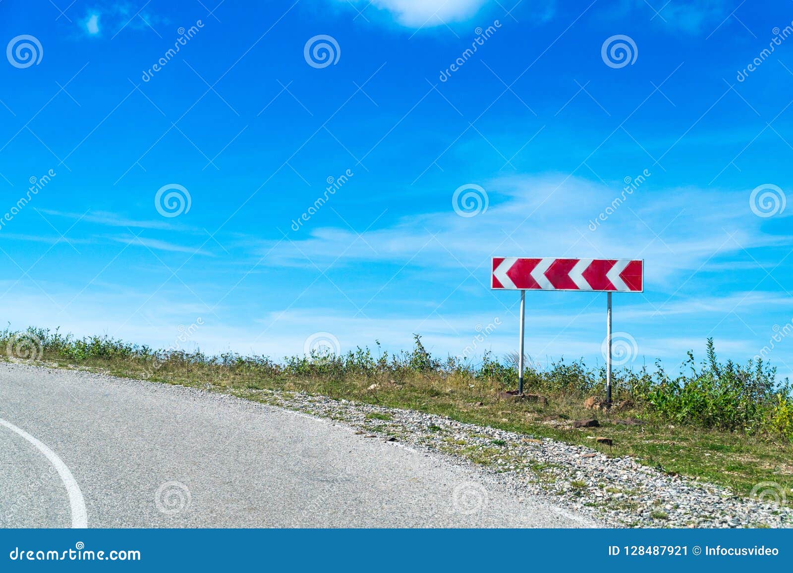 Caution Sign at the Sharp Turn Stock Image - Image of green, path ...