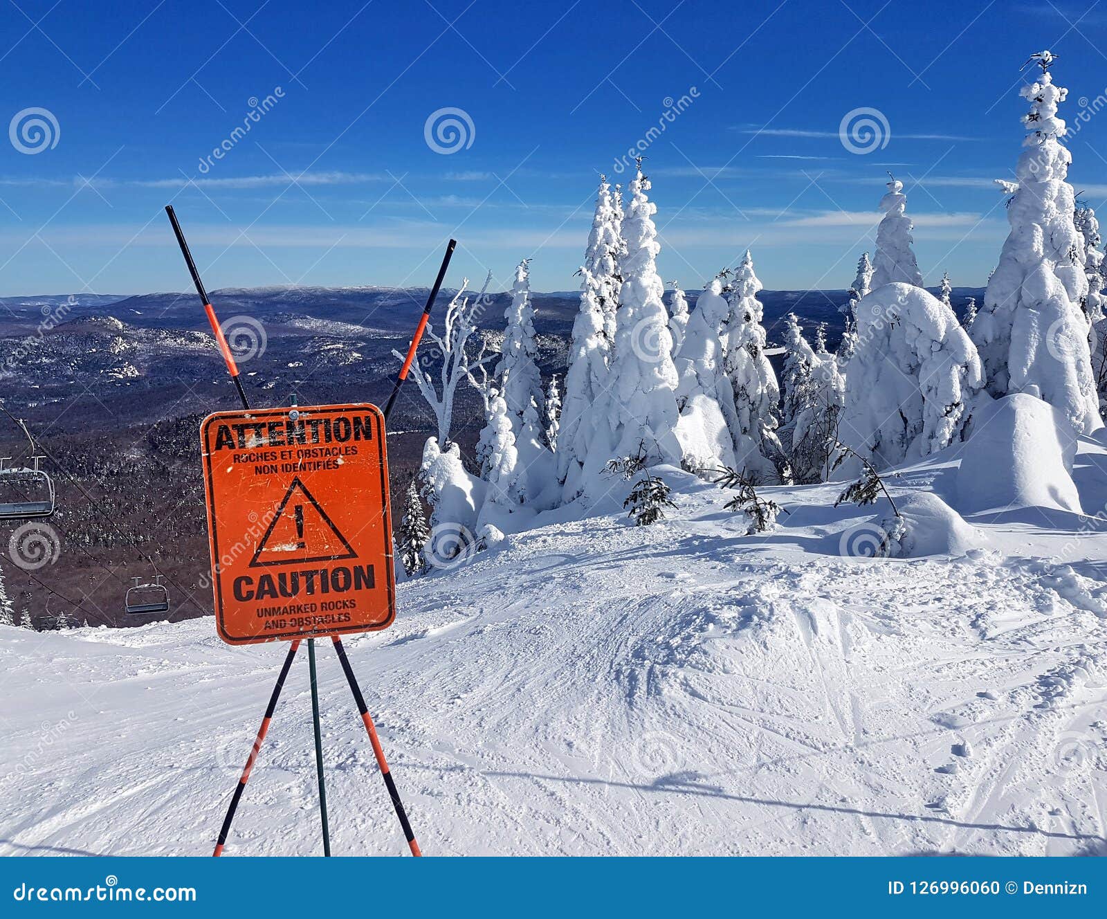 Caution Sign and Warning on a Ski Resort Stock Photo - Image of quebec ...