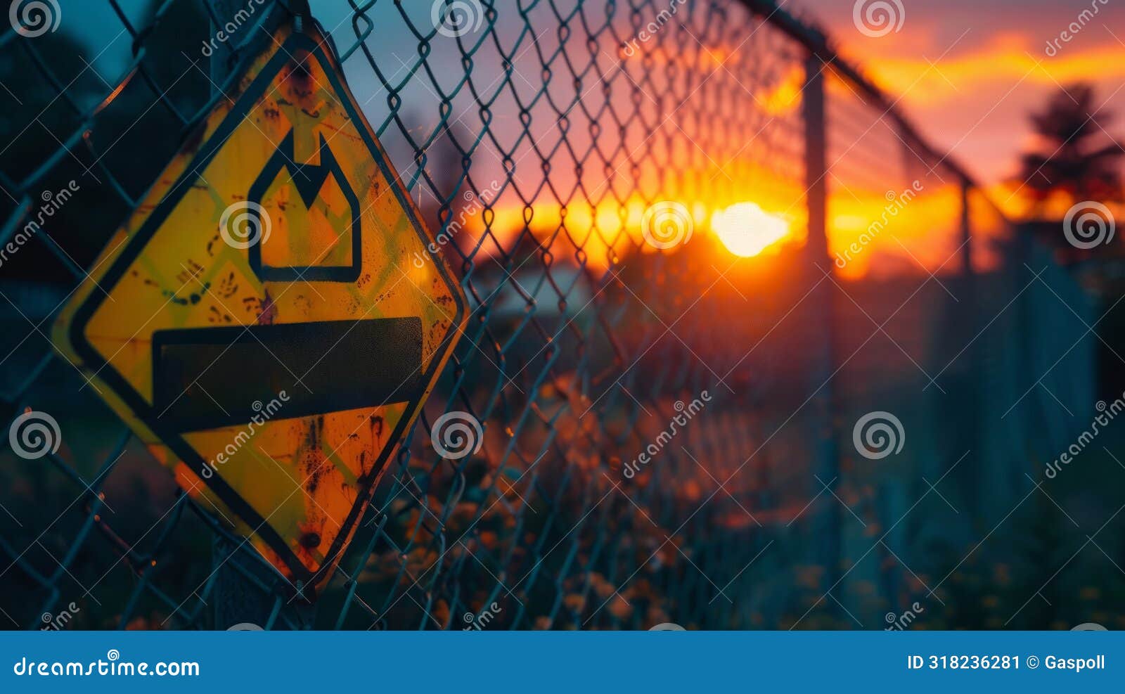 Caution Sign with a Warning Triangle Against a Sunset Backdrop, Seen ...