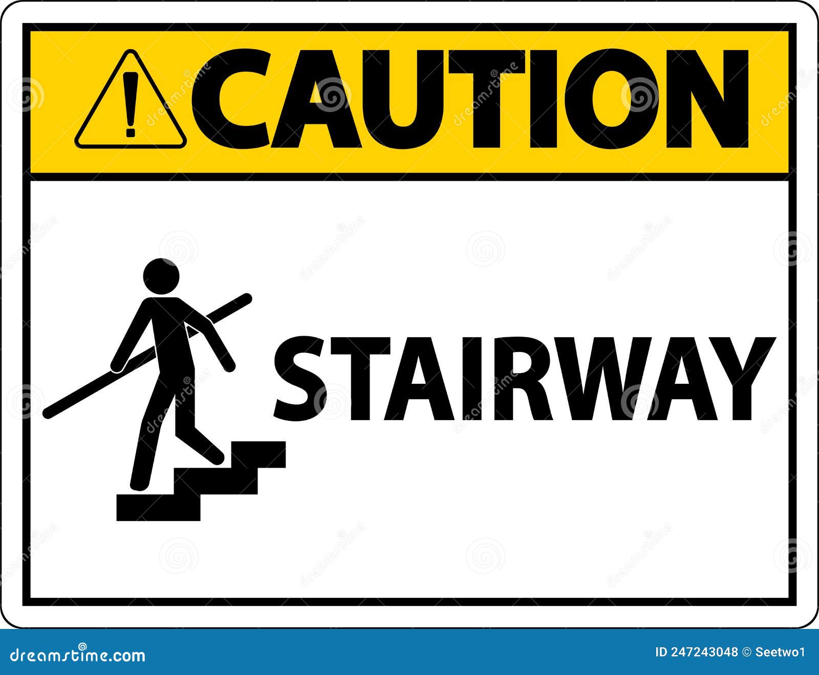 Caution Stairway Sign. A Man Falling Down The Stairs. A Sign Warning Of ...