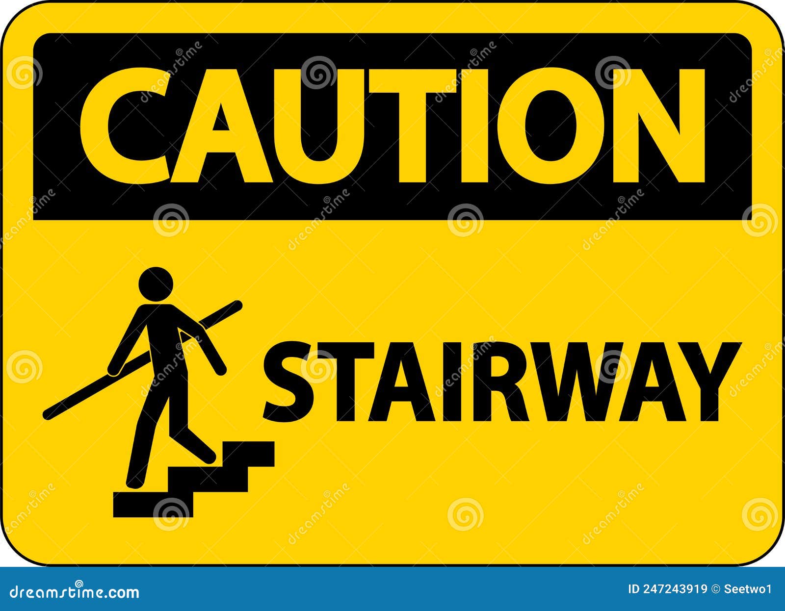 Caution Stairway Sign. A Man Falling Down The Stairs. A Sign Warning Of ...