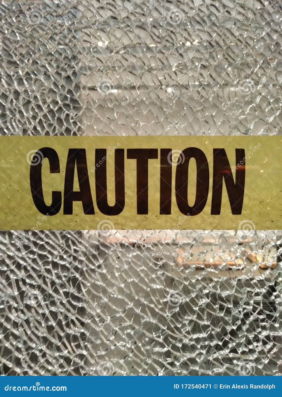 Caution, Caution Tape in a Broken Window Stock Image - Image of front ...