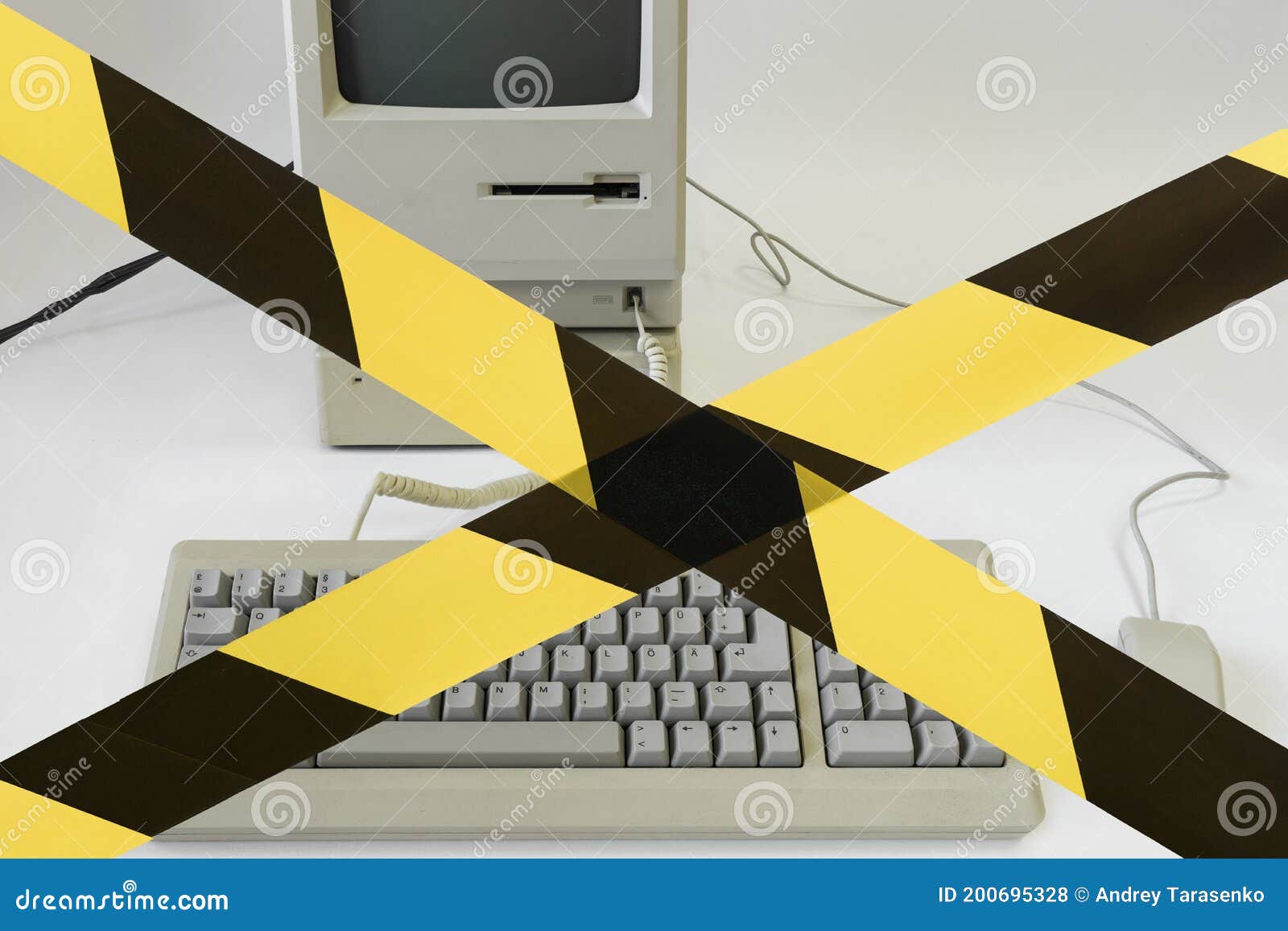Caution Tape in Front of a Personal Computer. Stock Photo - Image of ...