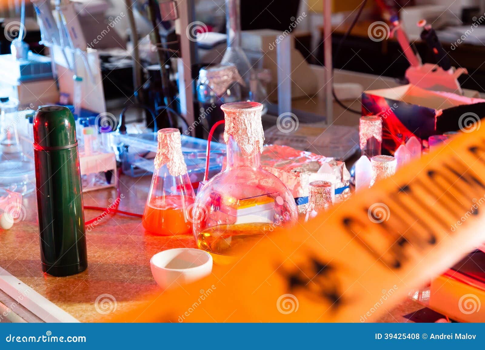 Caution Tape in Hazardous Biochemicals Laboratory Stock Photo - Image ...