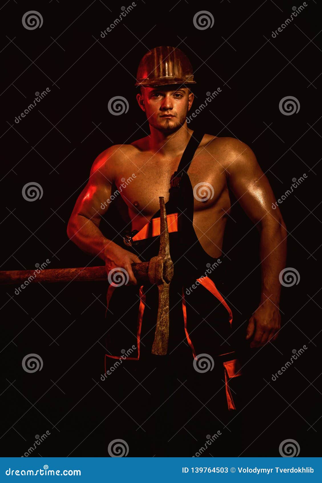Caution, Under Construction. Muscular Man Worker. Man Miner with Mining ...