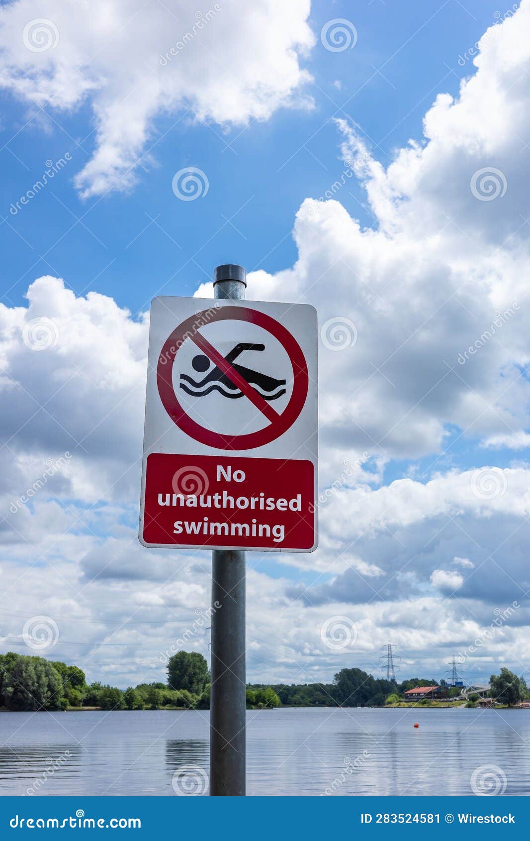 Caution: Warning Sign at Lake S Waterpark - No Swimming Allowed Stock ...