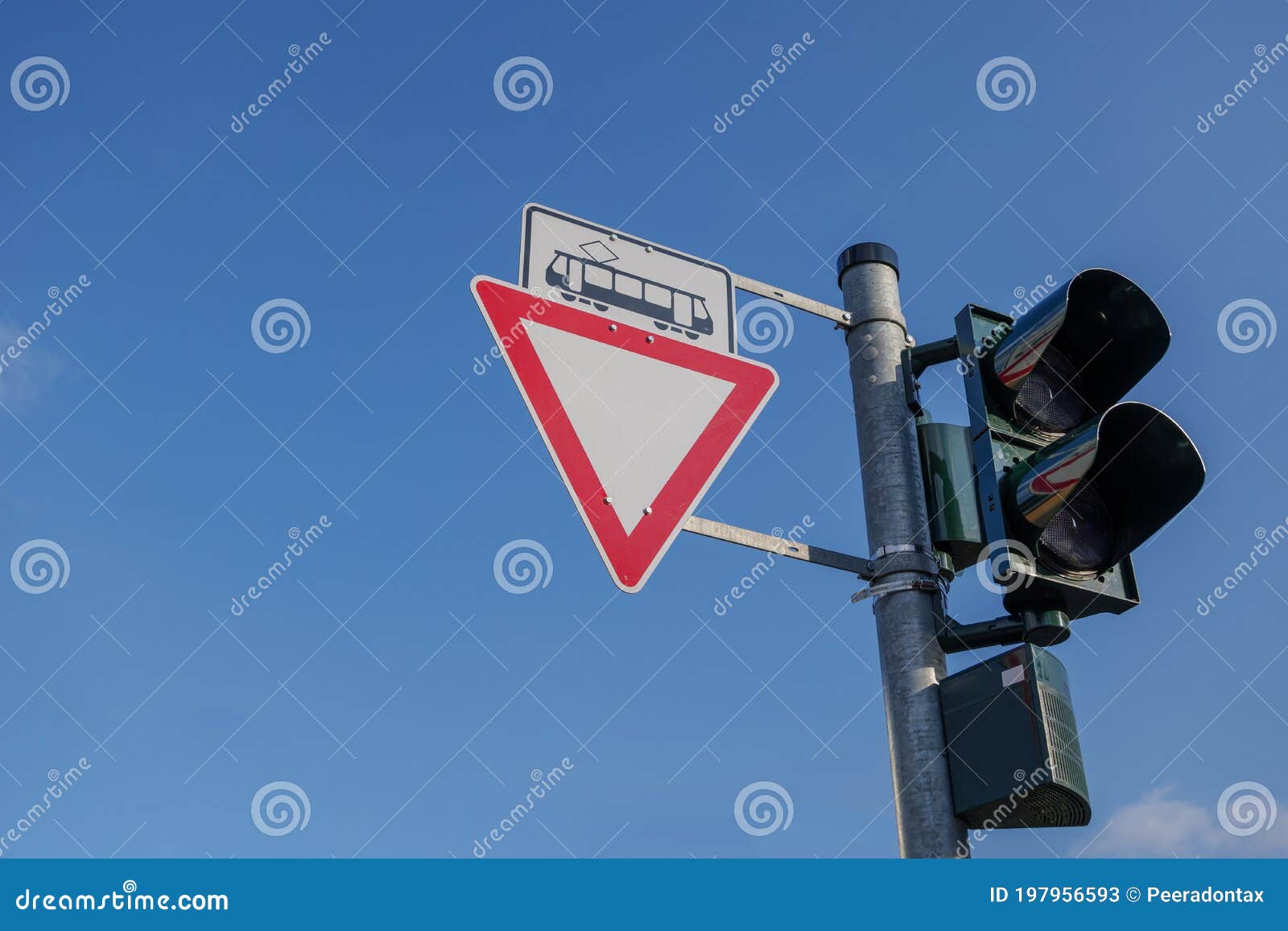 Caution And Warning Triangular Sign With Tram Symbol And Traffic Light ...
