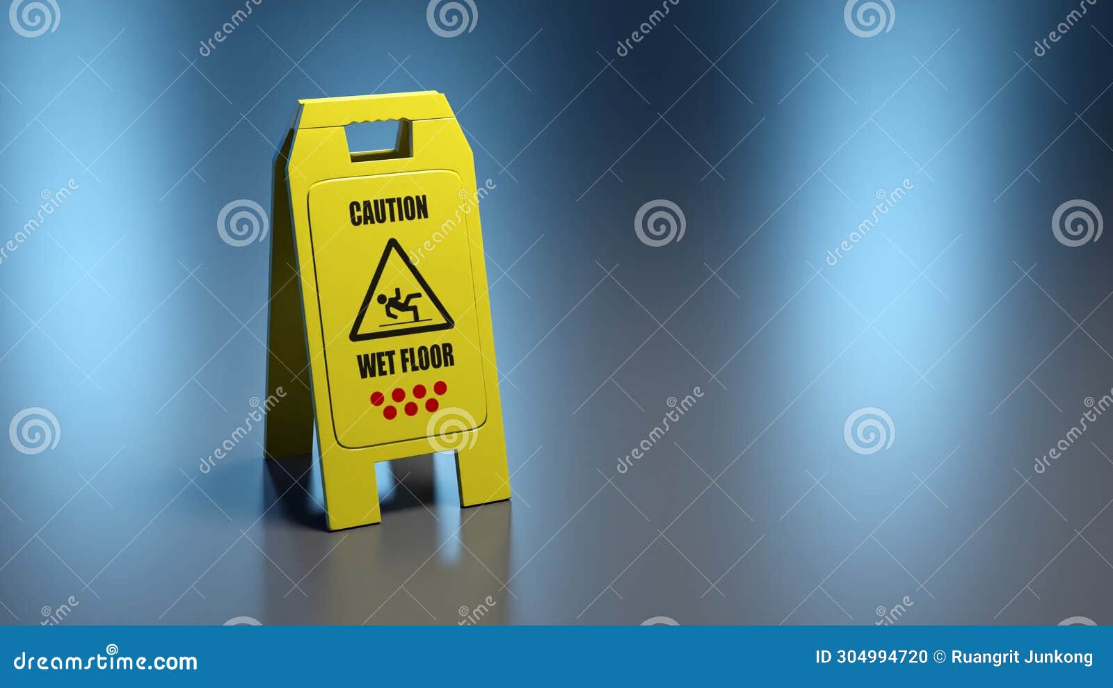 Caution Wet Floor Sign on Floor, 3D Render Stock Illustration ...