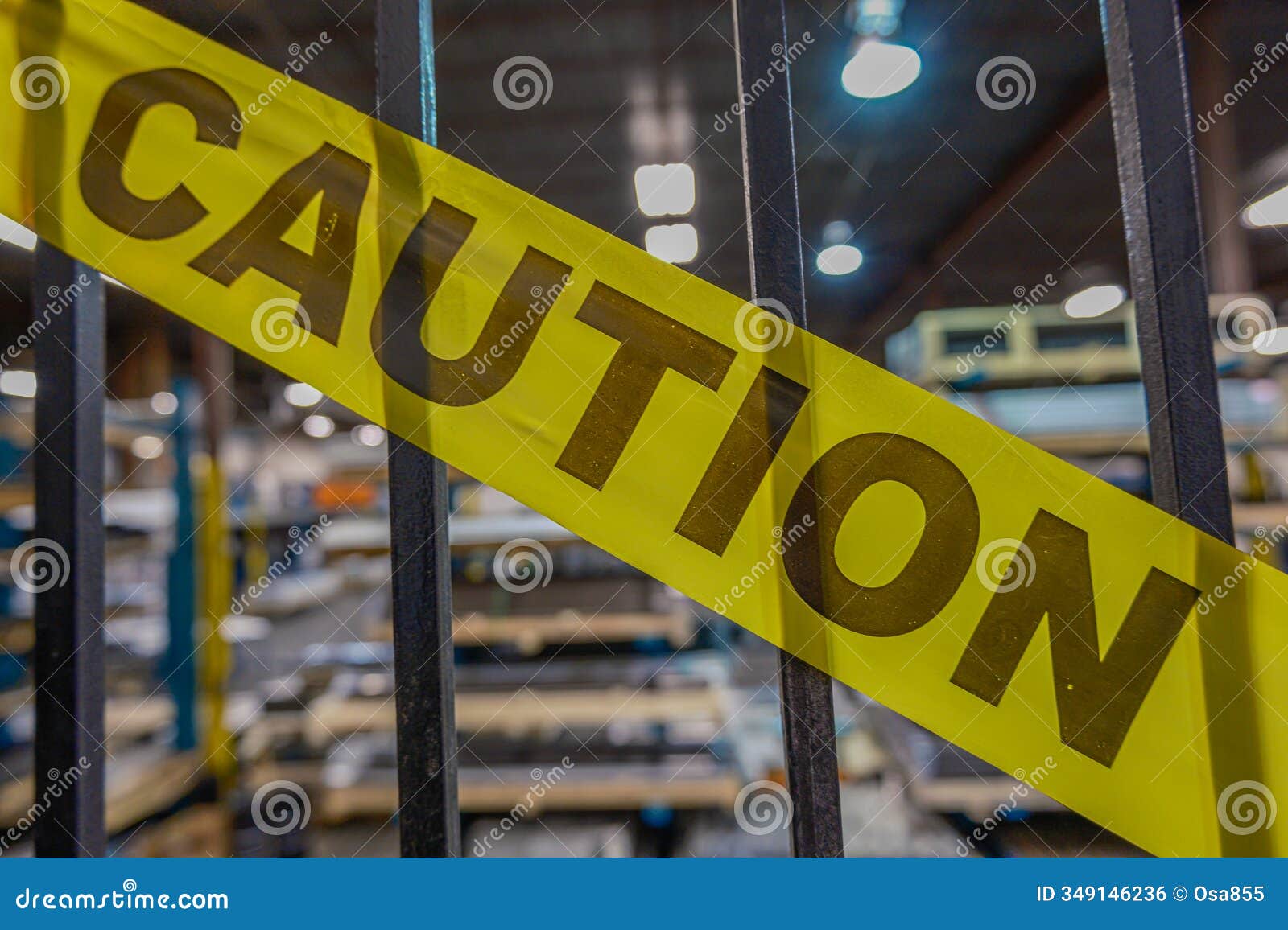 Caution Yellow Tape on Factory Stair Railing Stock Photo - Image of ...