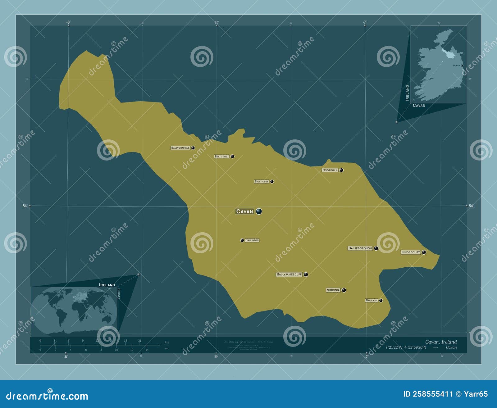 Cavan, Ireland. Solid. Labelled Points of Cities Stock Illustration ...