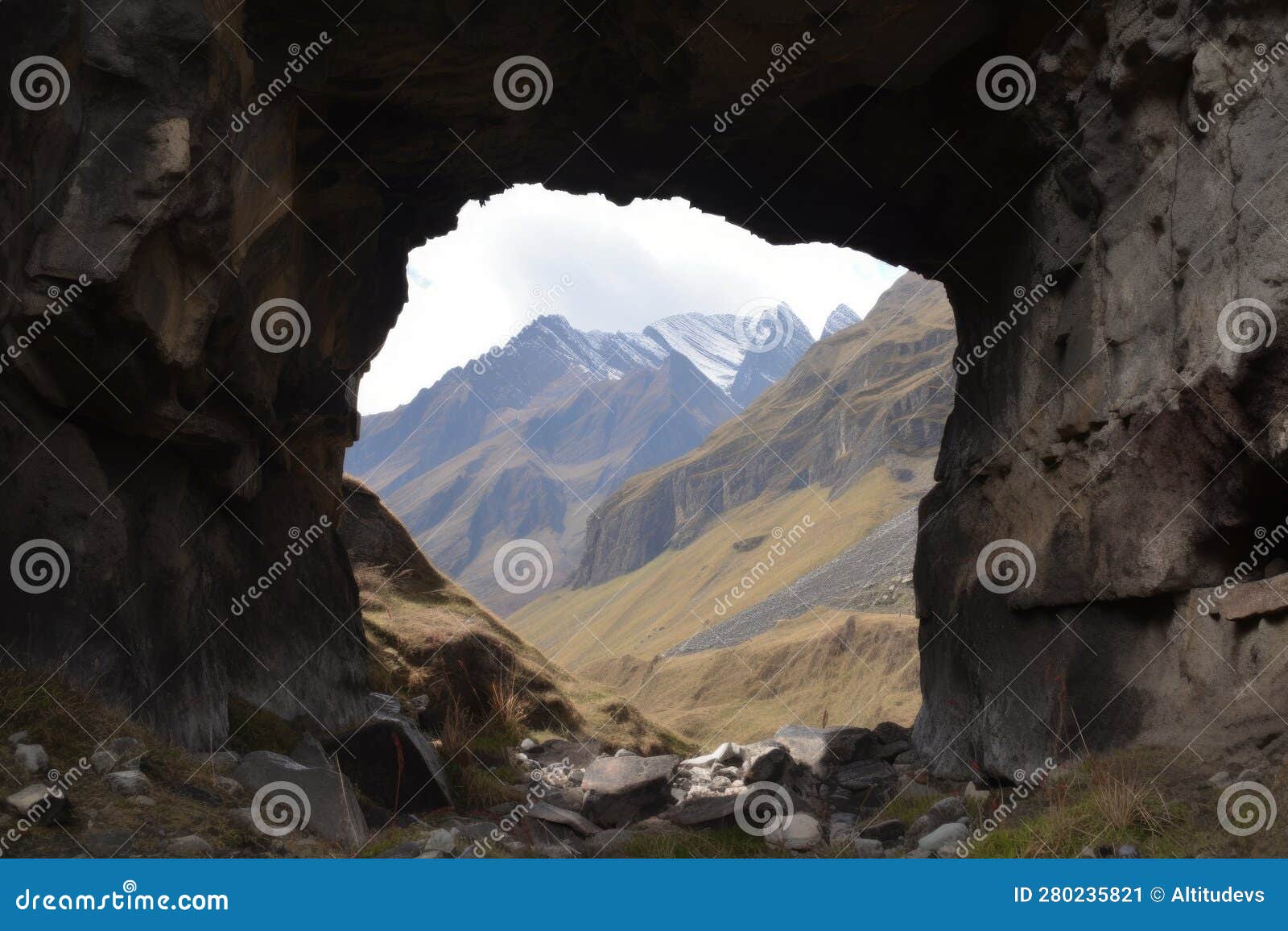 Cave with Broken Walls and Debris from Rockfall, Surrounded by Towering ...