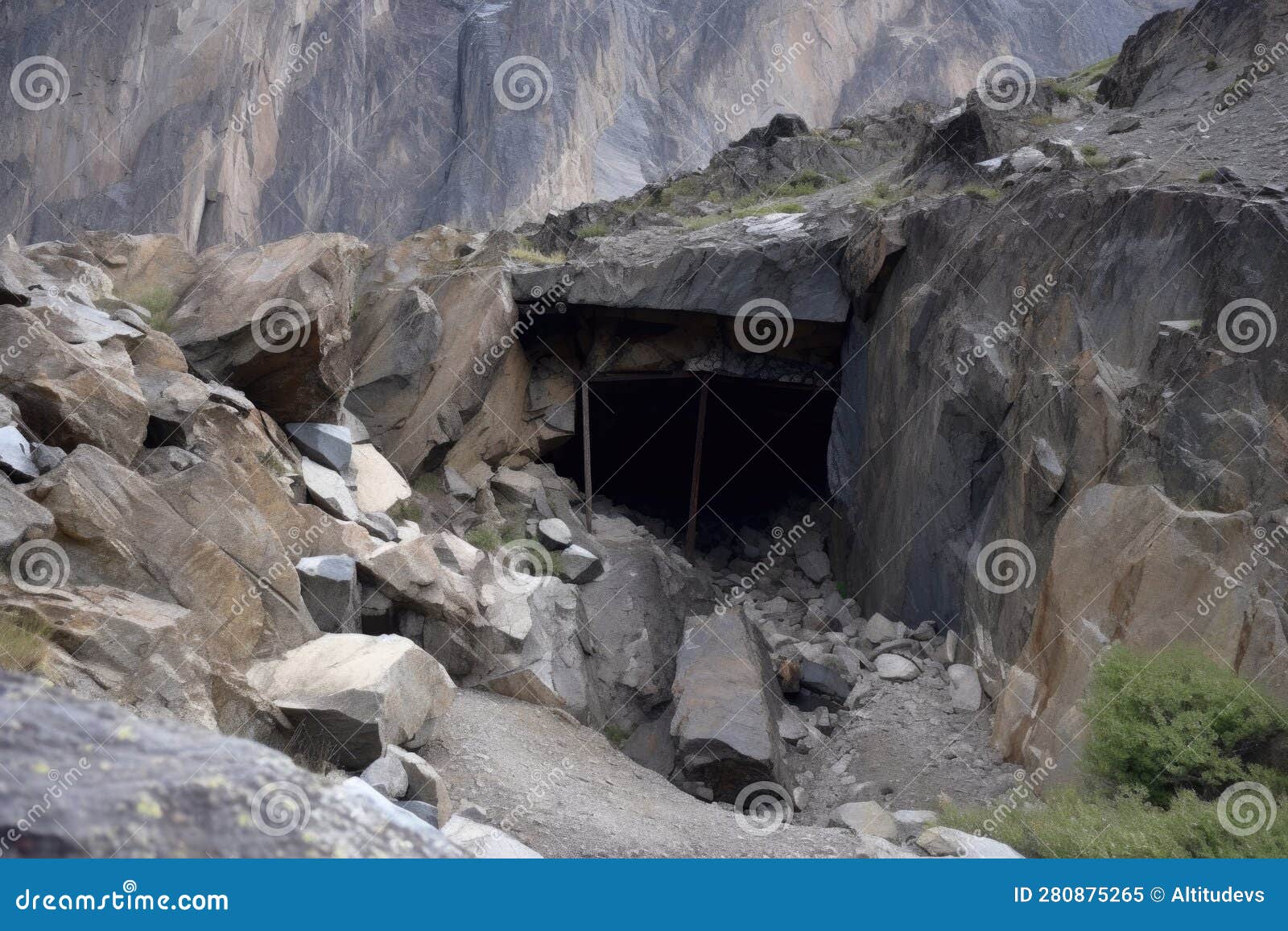 Cave with Broken Walls and Debris from Rockfall, Surrounded by Towering ...