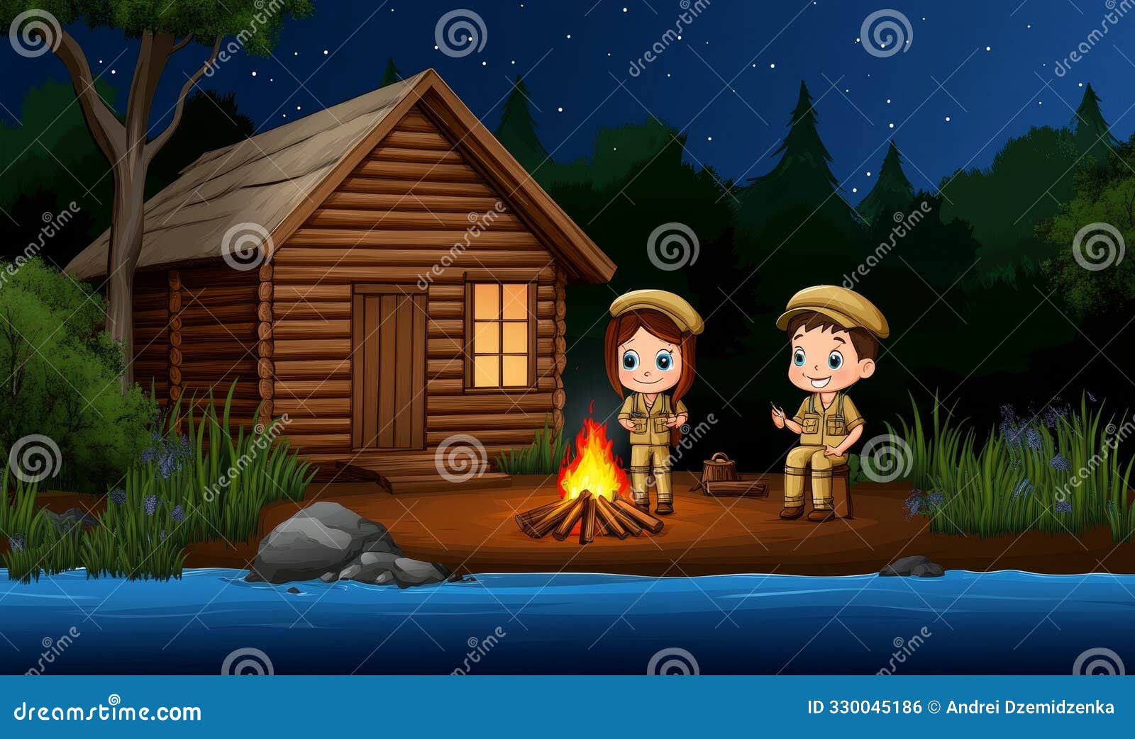Into the Cave of a Cartoon, the Explorer Boy and Girl Light a Bonfire ...