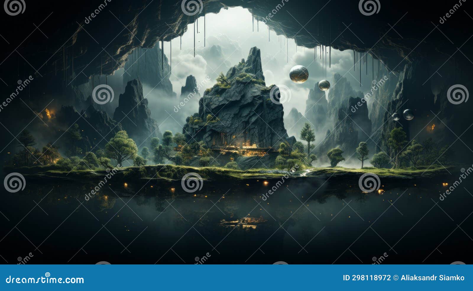 A Cave with a Cave and a Cave with Trees and a Lake Stock Photo - Image ...