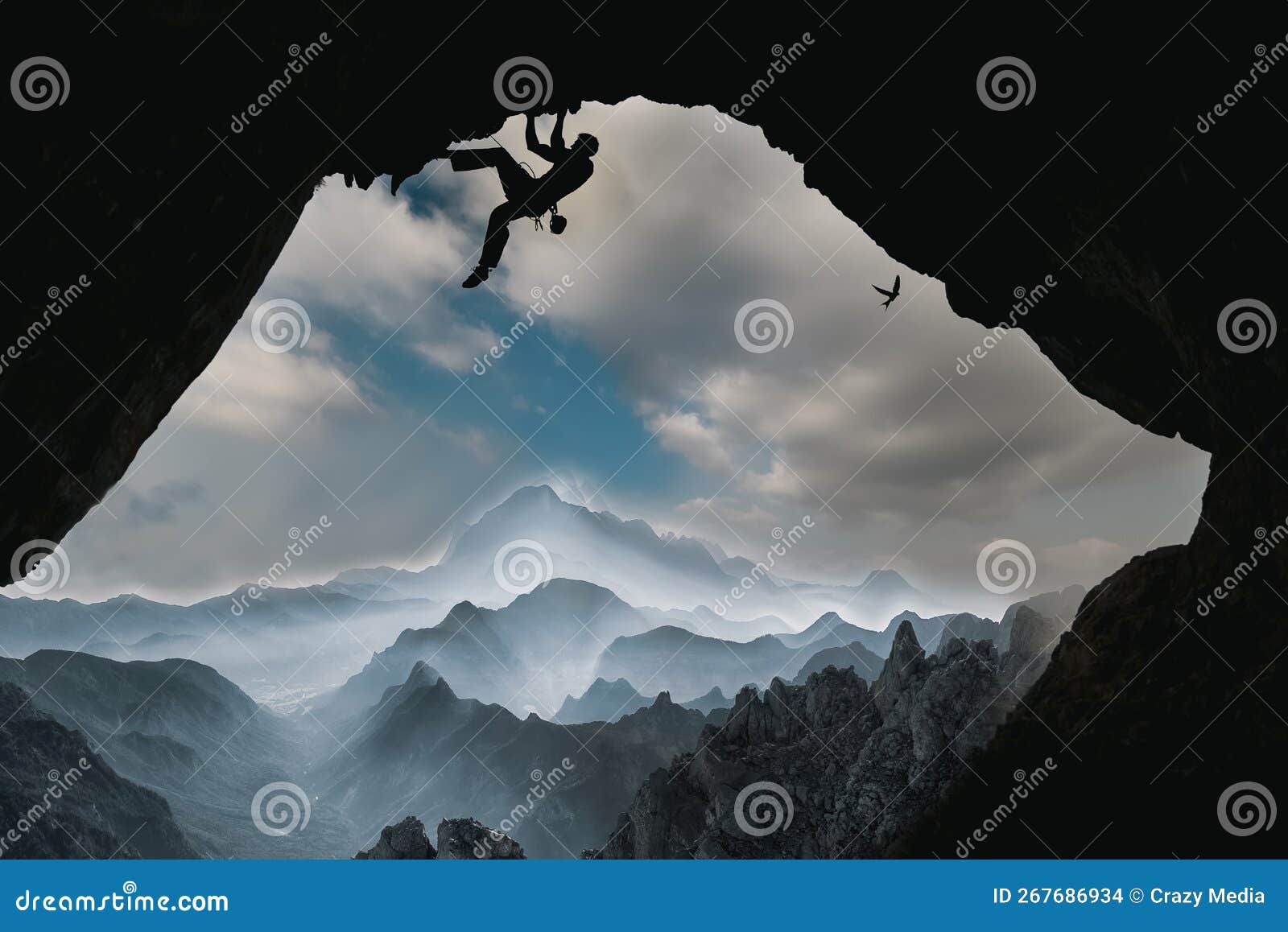 Cave-climbing Climber with Magnificent Mountain View Stock Photo ...