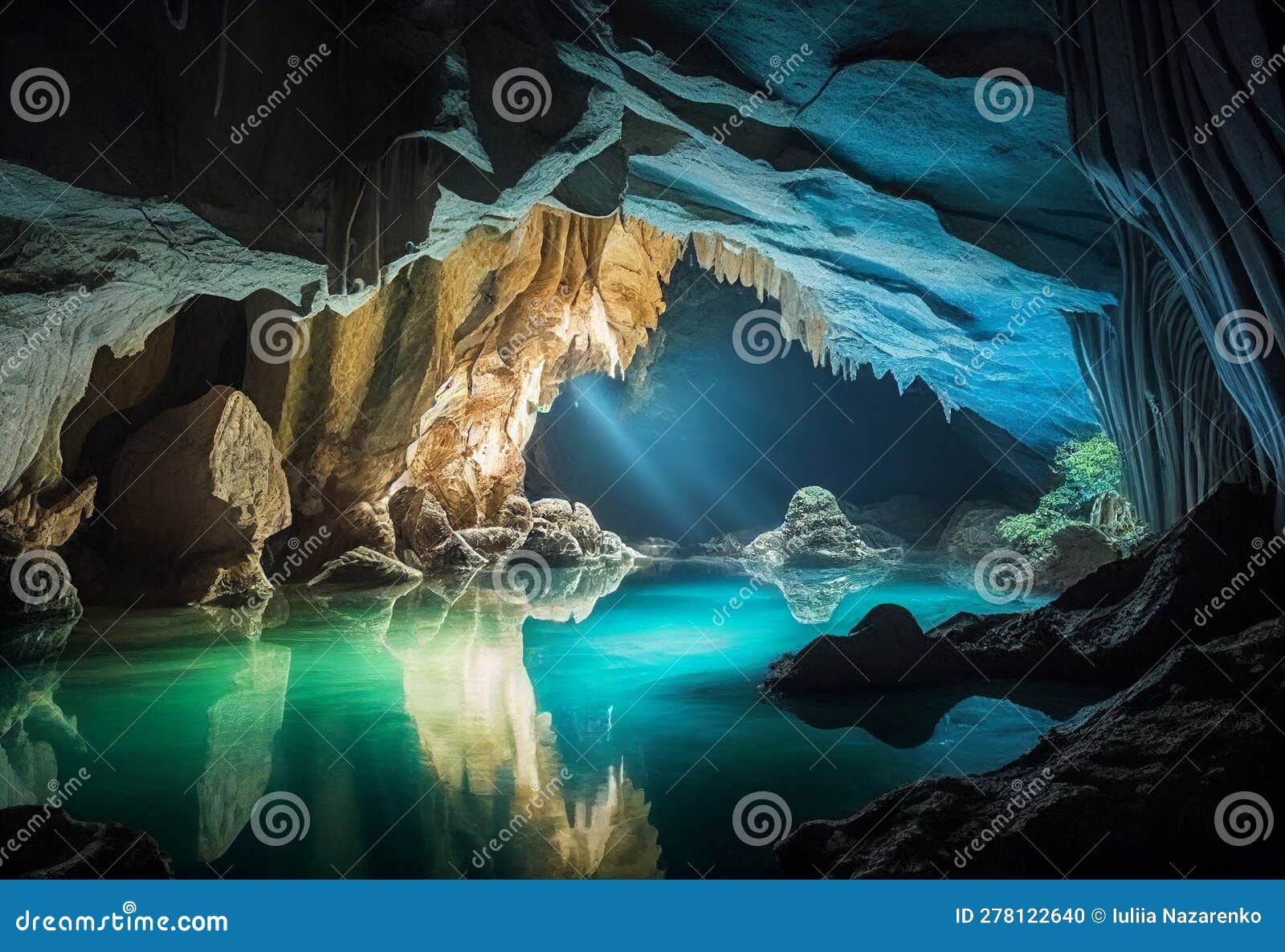 The Cave Contains Underground Lakes and Waterfalls Illuminated by the ...