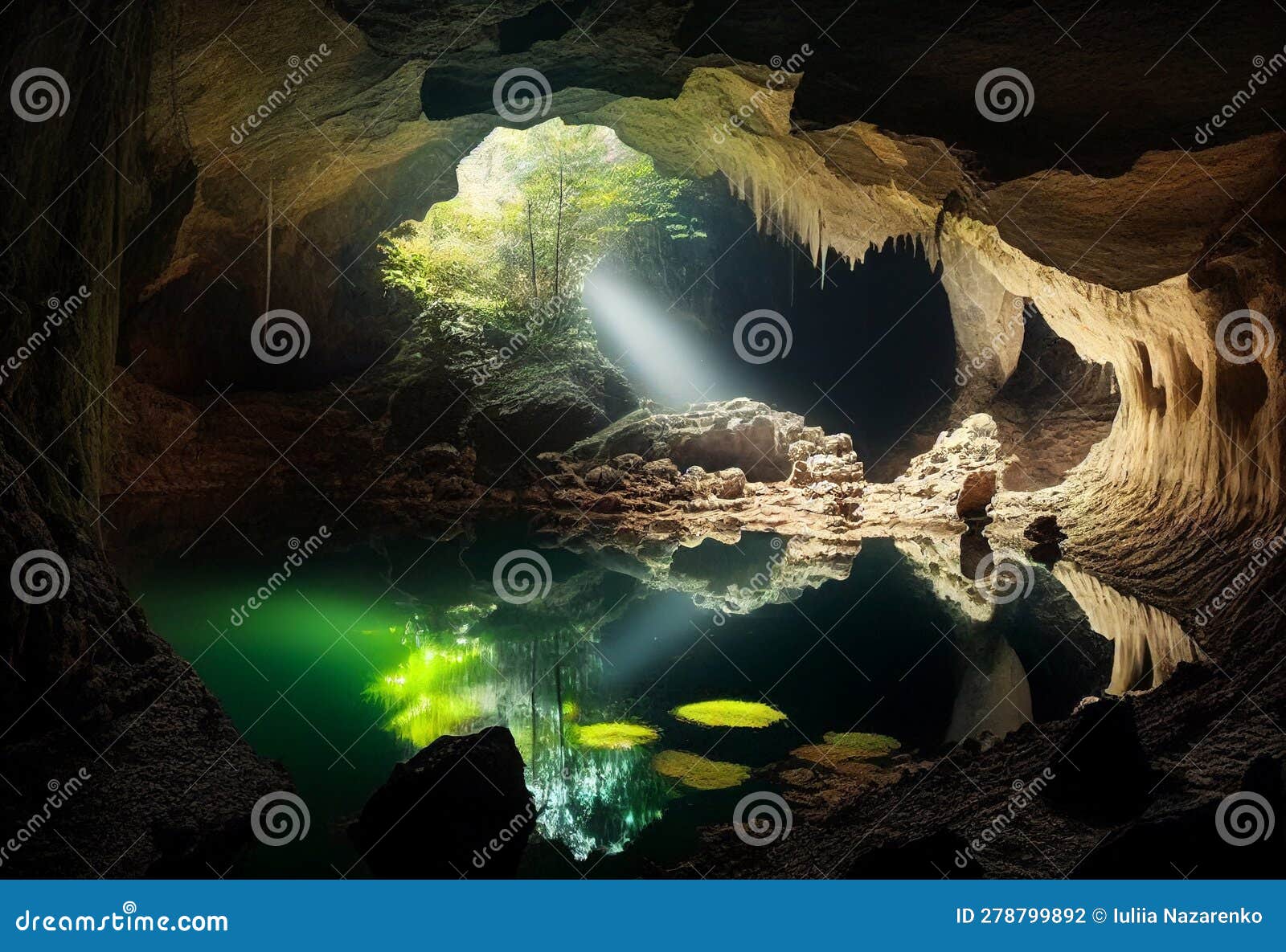 The Cave Contains Underground Lakes and Waterfalls Illuminated by the ...