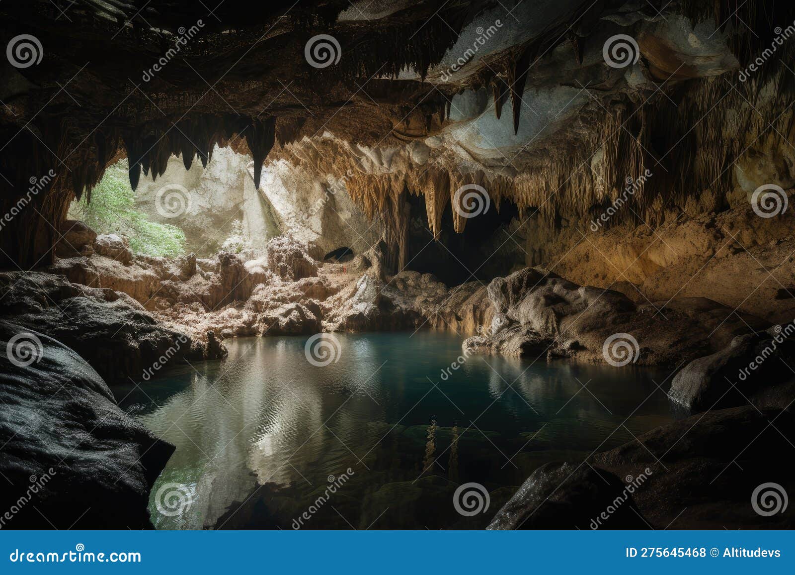 Cave with Crystal-clear Pool of Water, Surrounded by Spelunking ...
