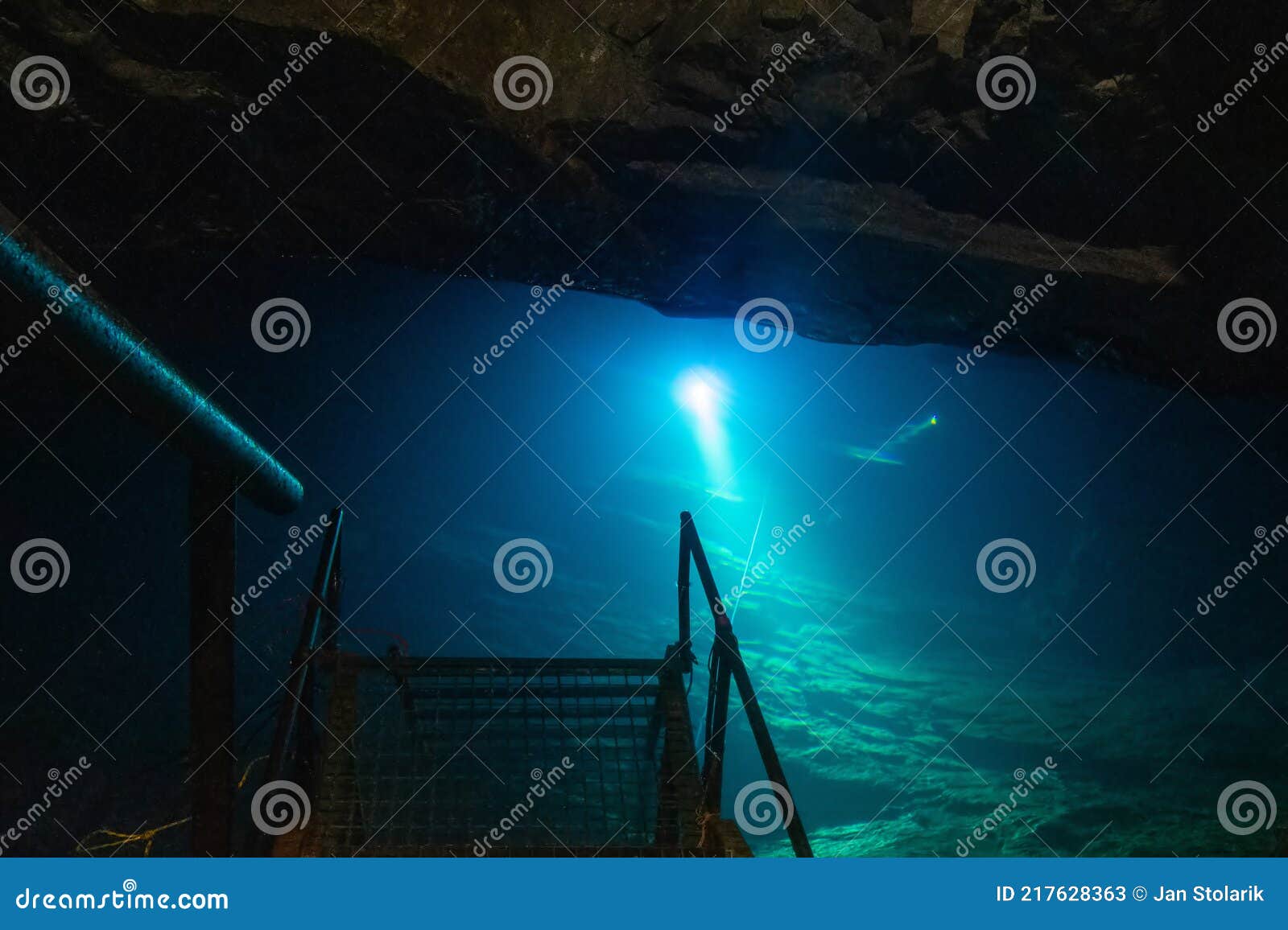 Cave Divers Training Deep Cave Dives in Old Coal Mine Lake. Light from ...