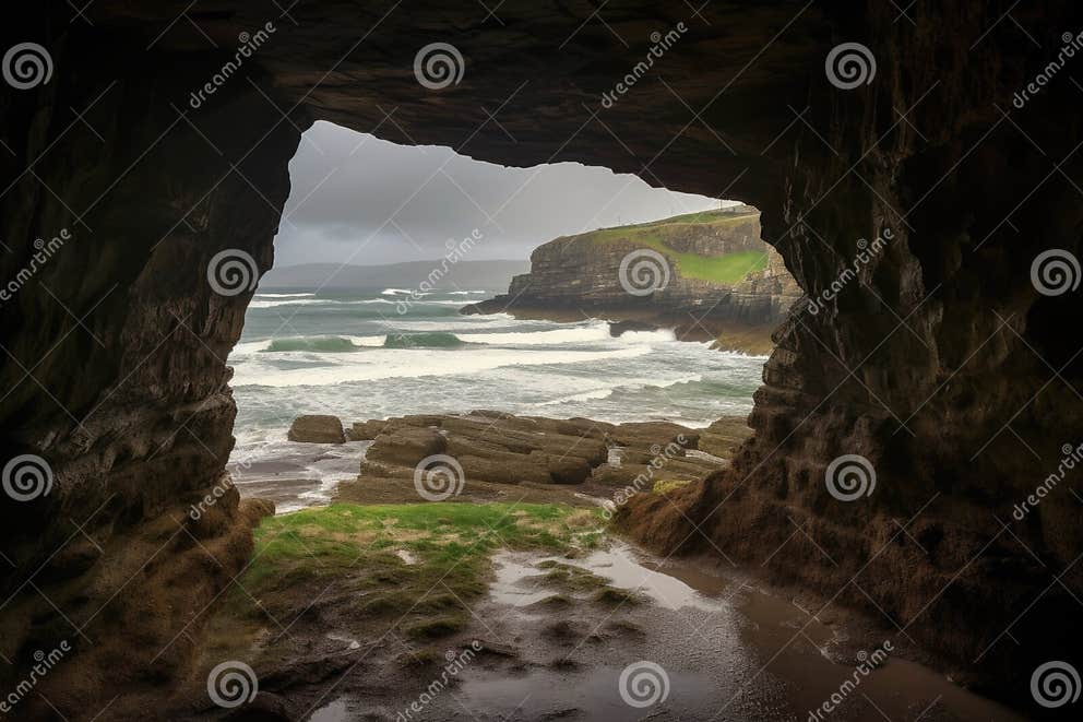 Cave Entrance, with View of the Ocean and Distant Cliffs Visible ...