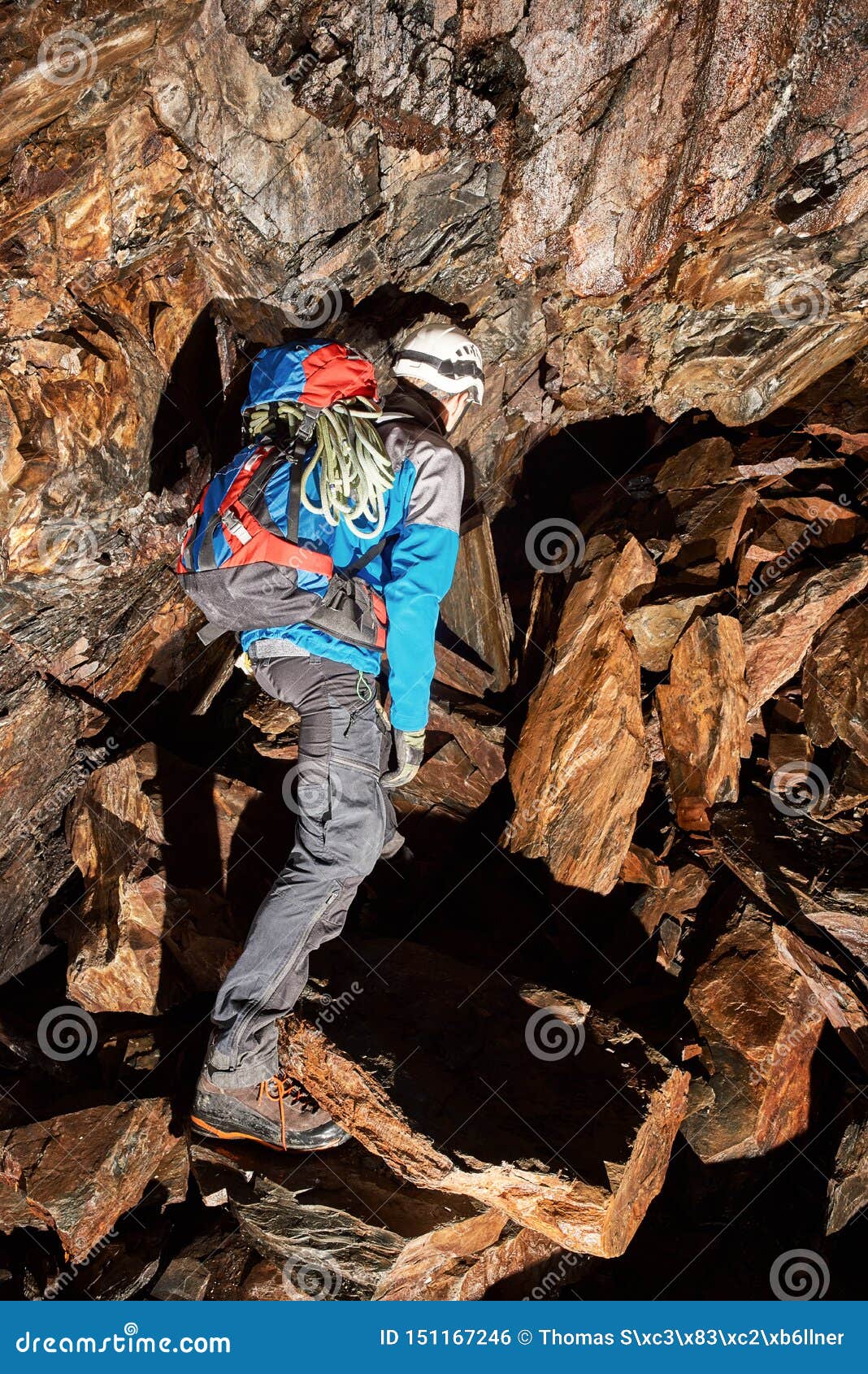 Cave Exploration with Helmet and Headlight Stock Photo - Image of ...