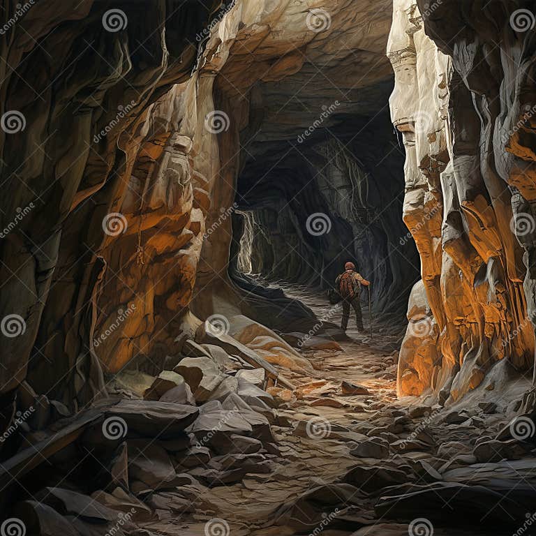 Cave Explorer with a Backpack Walking through a Dark Cave with a Stream ...