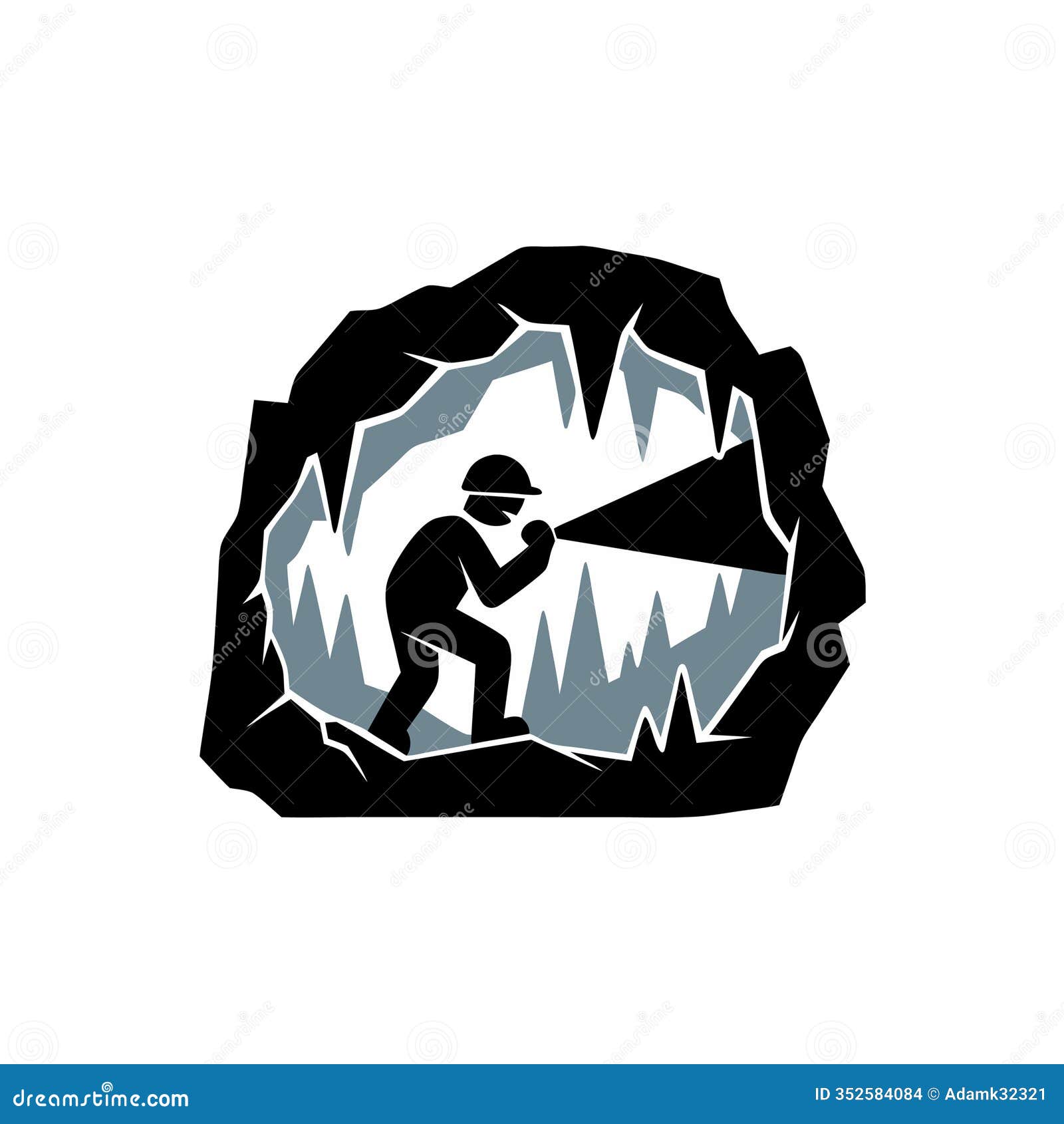 Cave Explorer Silhouette with Flashlight Inside Rocky Cavern Vector ...