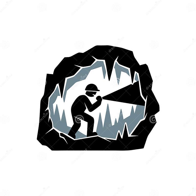 Cave Explorer Silhouette with Flashlight Inside Rocky Cavern Vector ...