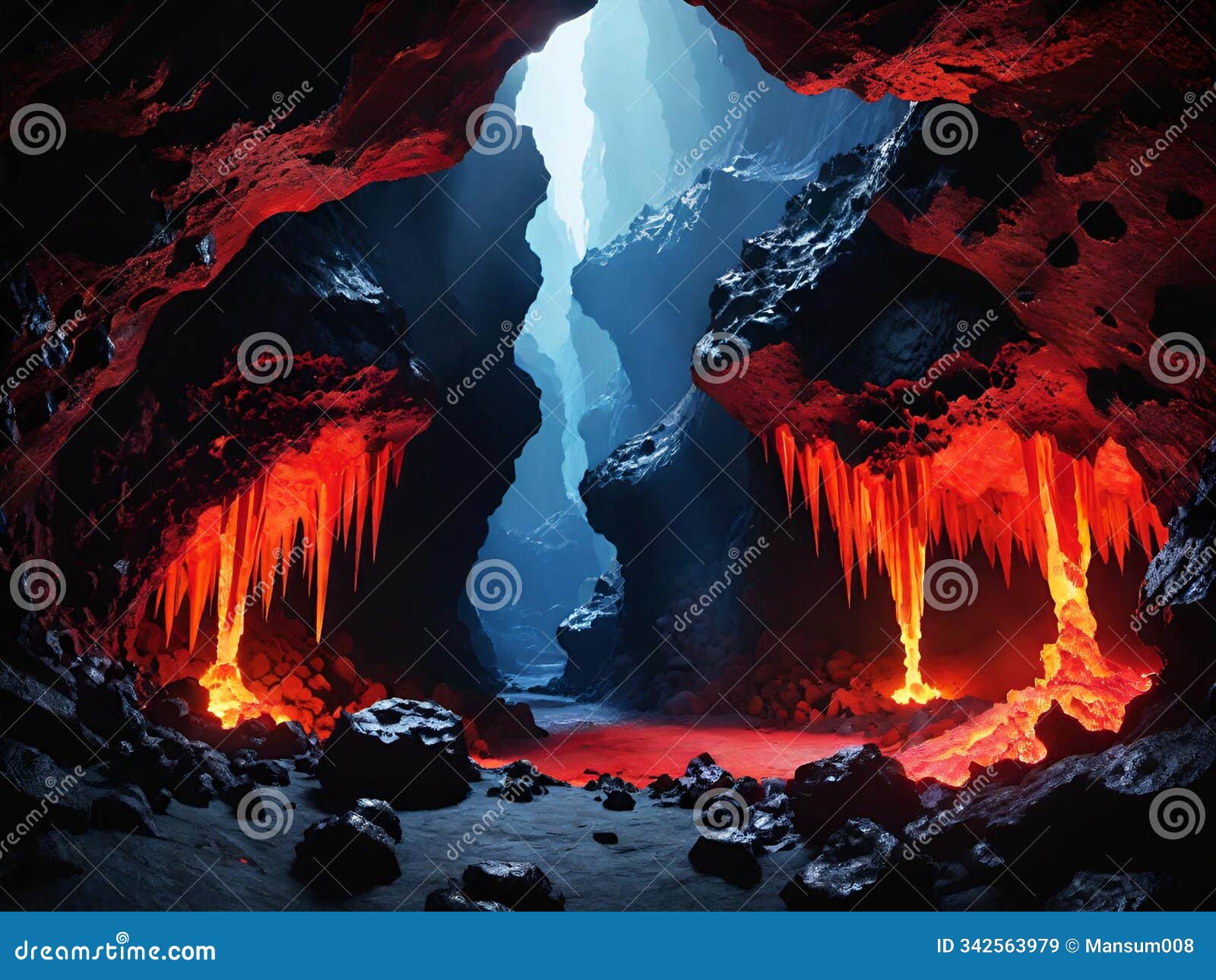 Cave with fire in mountain stock illustration. Illustration of cave ...