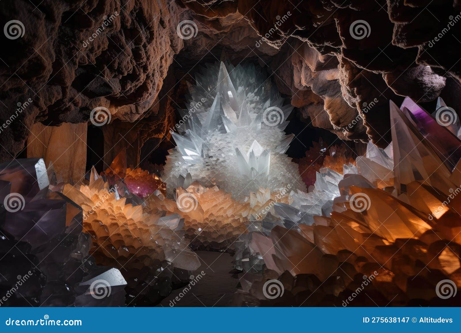 Cave with Glittering Formations of Minerals and Crystals Stock Image ...