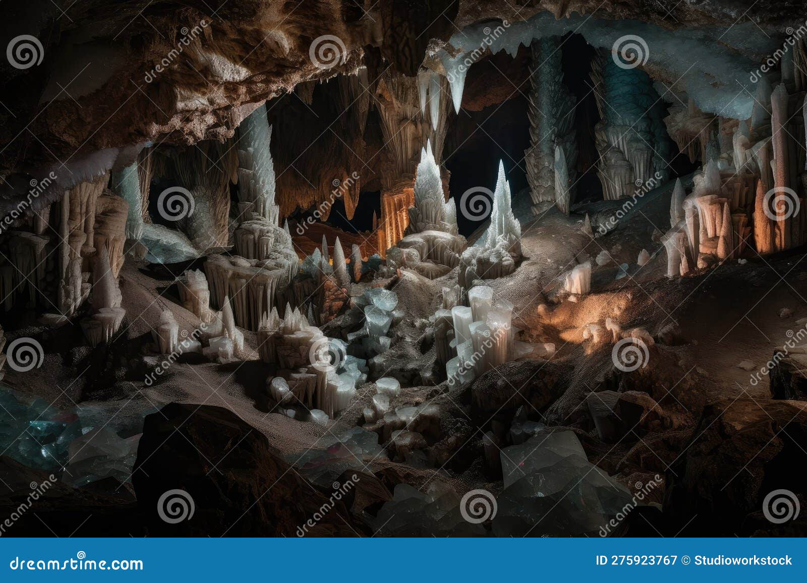 Cave with Glittering Formations of Minerals and Crystals Stock ...