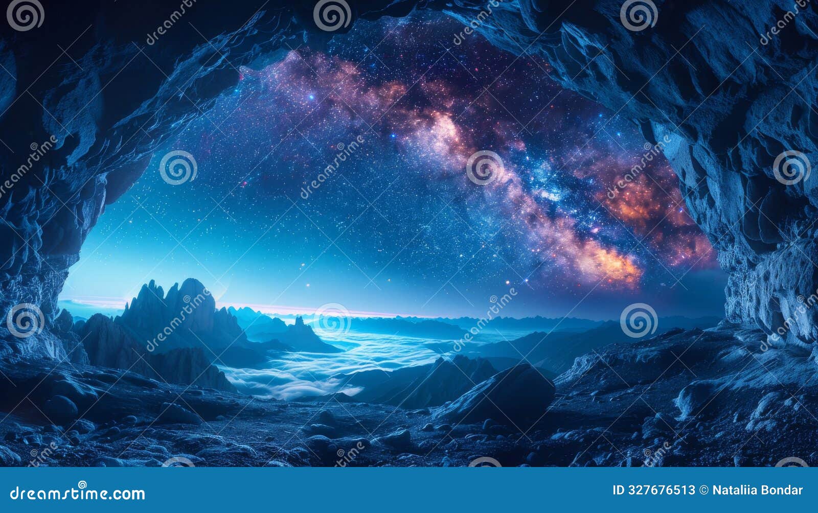Cave on a High Mountain at Night, View from Inside. Nighttime Sky and ...