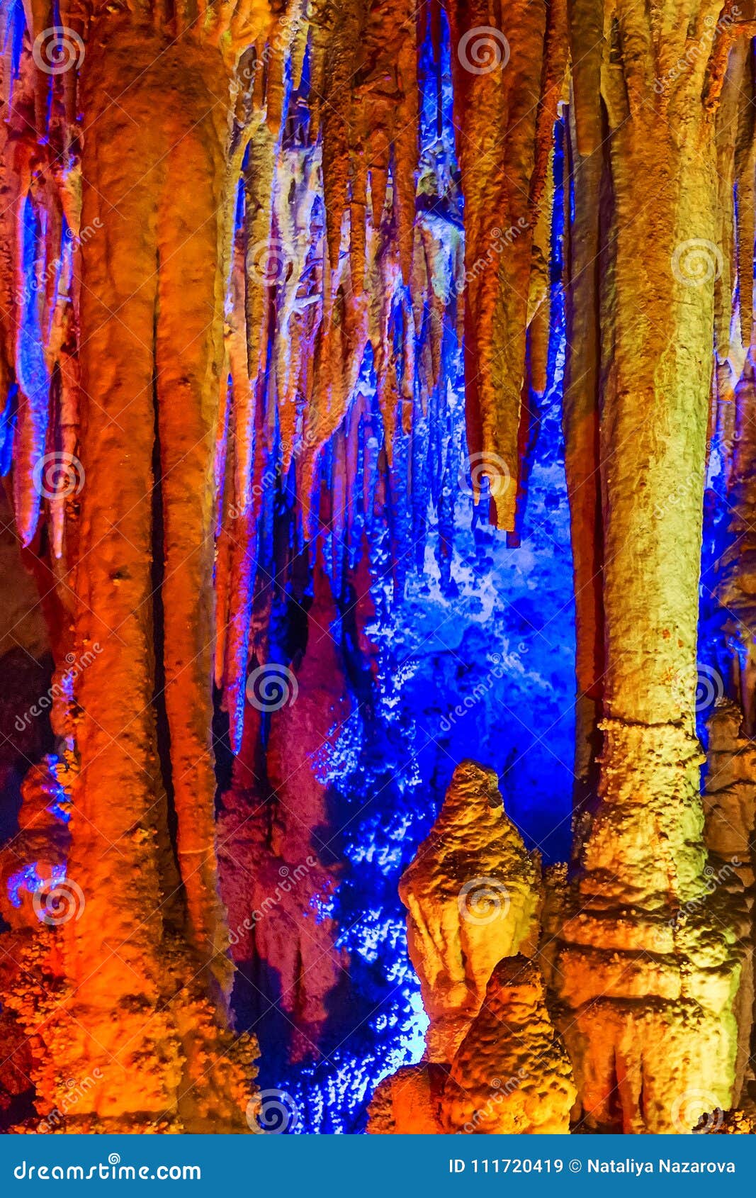 Cave Illuminated Stalactites and Stalagmites Stock Image - Image of ...