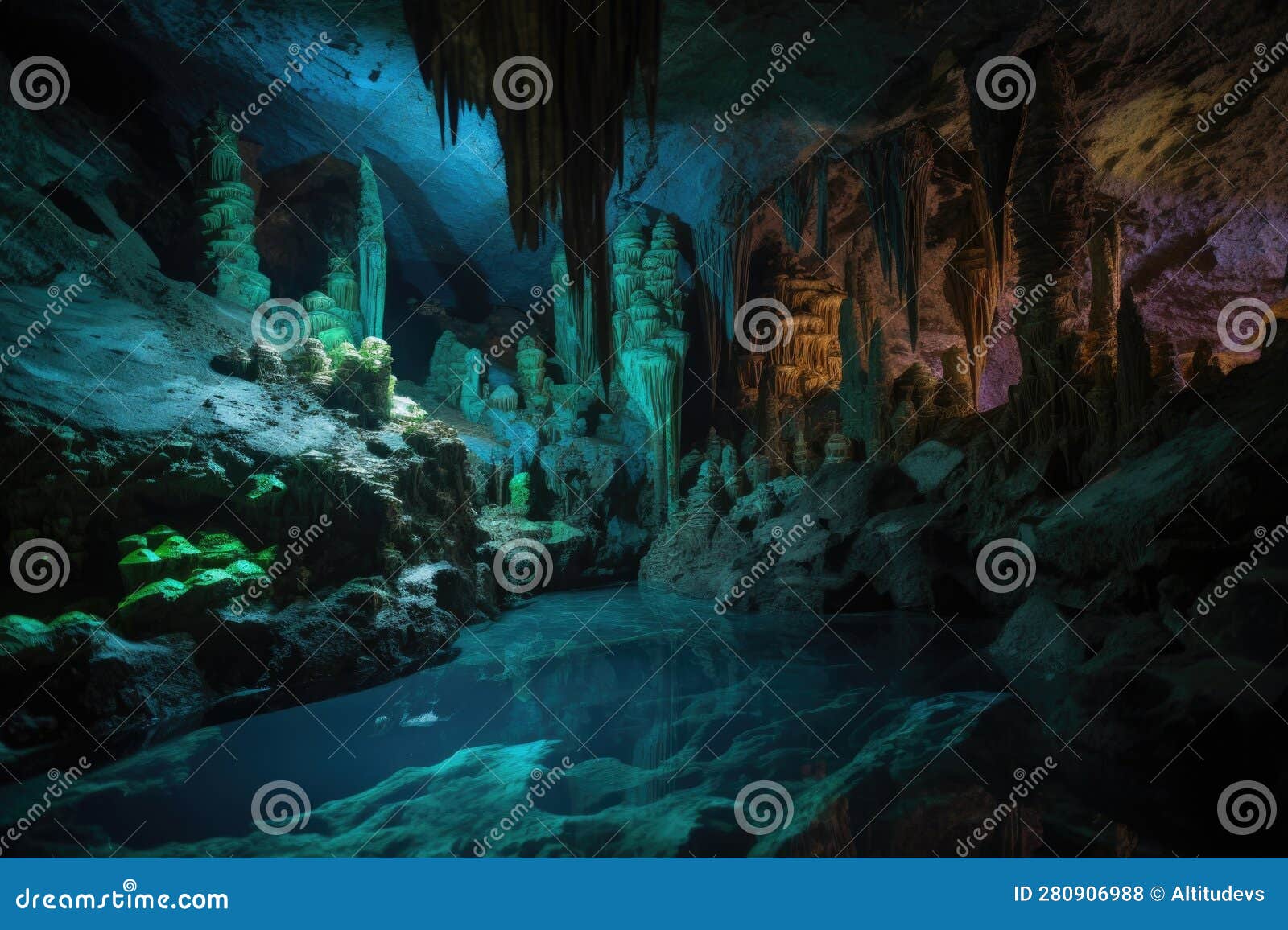 Cave with Intricate Pattern of Glowing Blue and Green Algae Stock ...