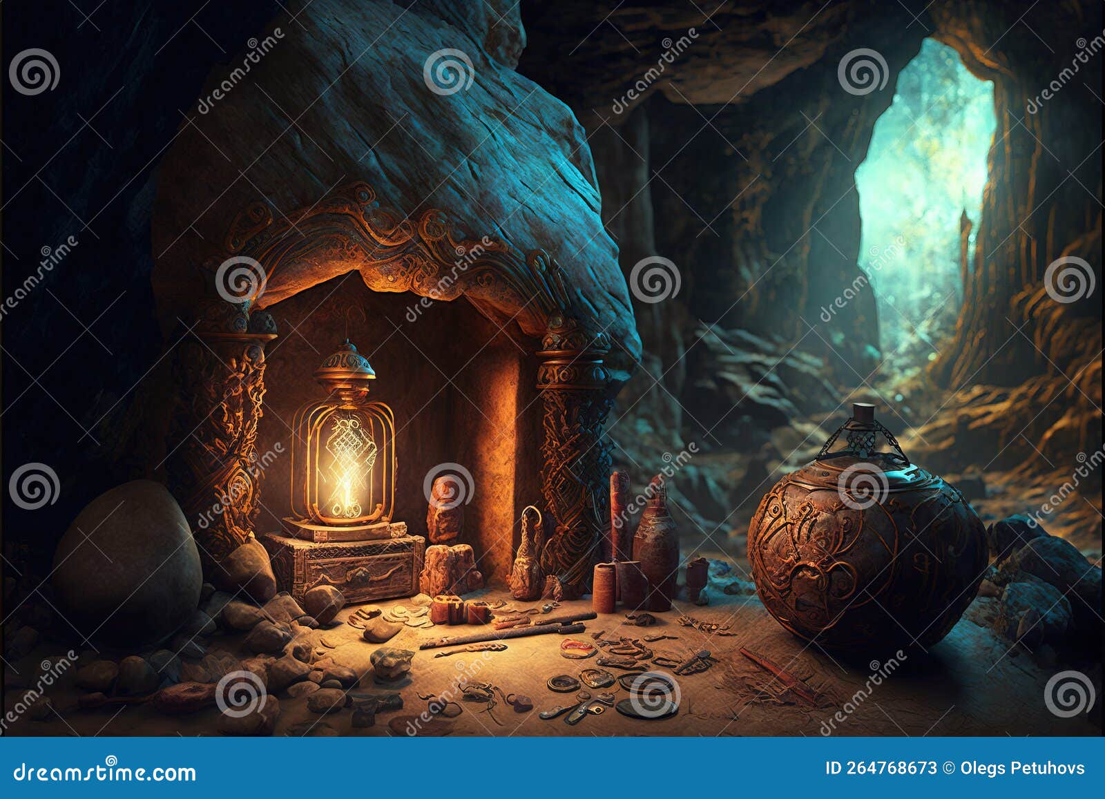 A Cave with a Lantern and a Lantern on the Ground Next To it and a ...