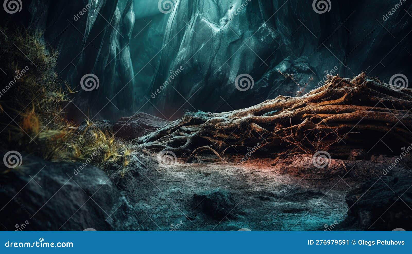A Cave with a Large Tree Growing Out of the Ground Stock Illustration ...