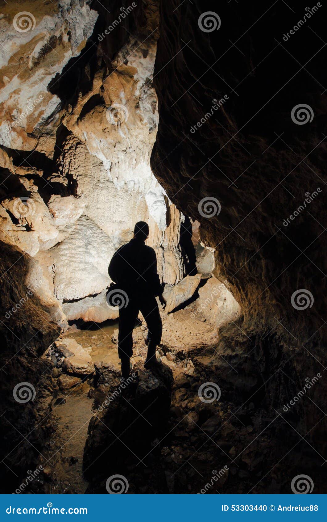 Cave with Man Silhouette Explorer Stock Photo - Image of mysterious ...