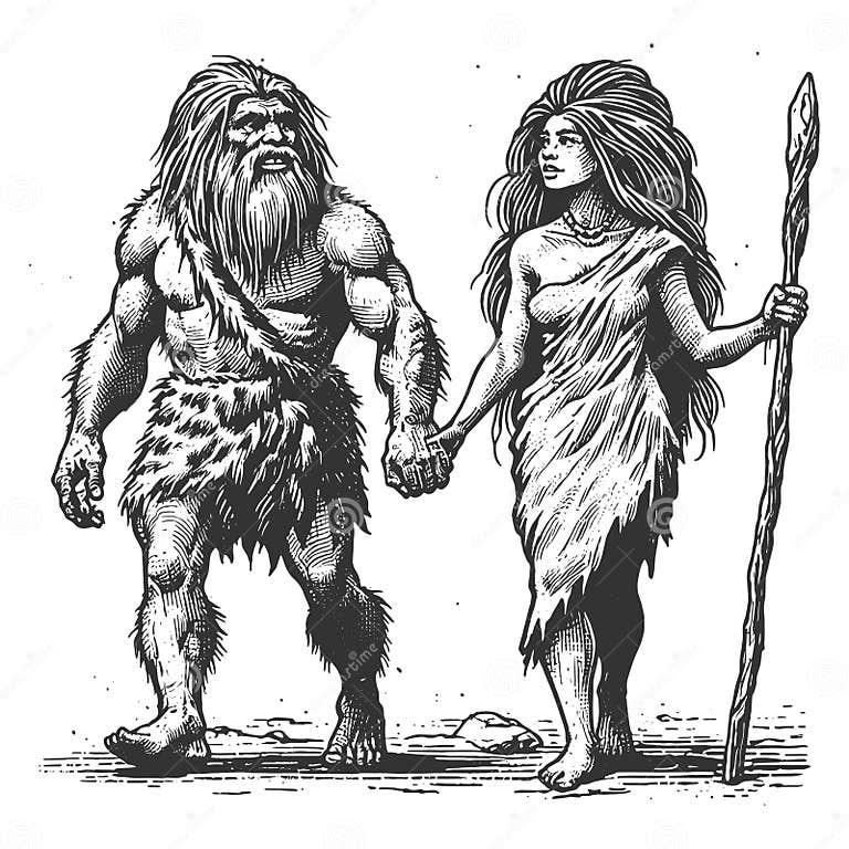 Cave Man And Woman Engraving Raster Illustration Stock Image Image Of Generative Indigenous