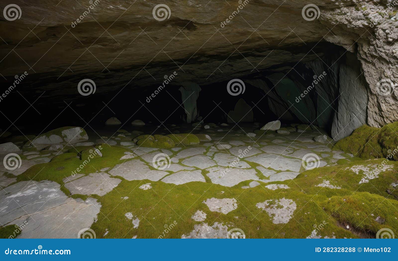 A Cave with Moss Growing on the Rocks Stock Illustration - Illustration ...