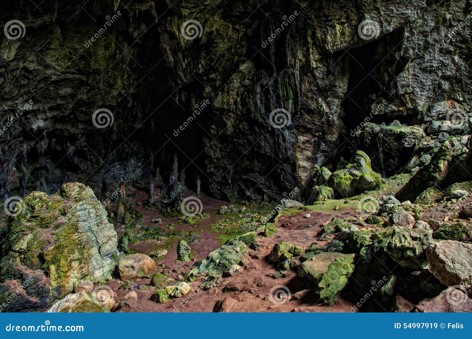 Cave with Moss and Lichen Covered Rocks Stock Image - Image of ...