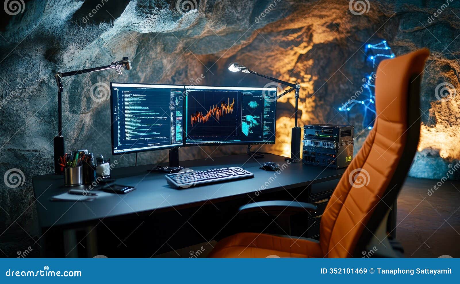 Cave Office Workstation Setup Modern Tech Data Analysis Programming ...