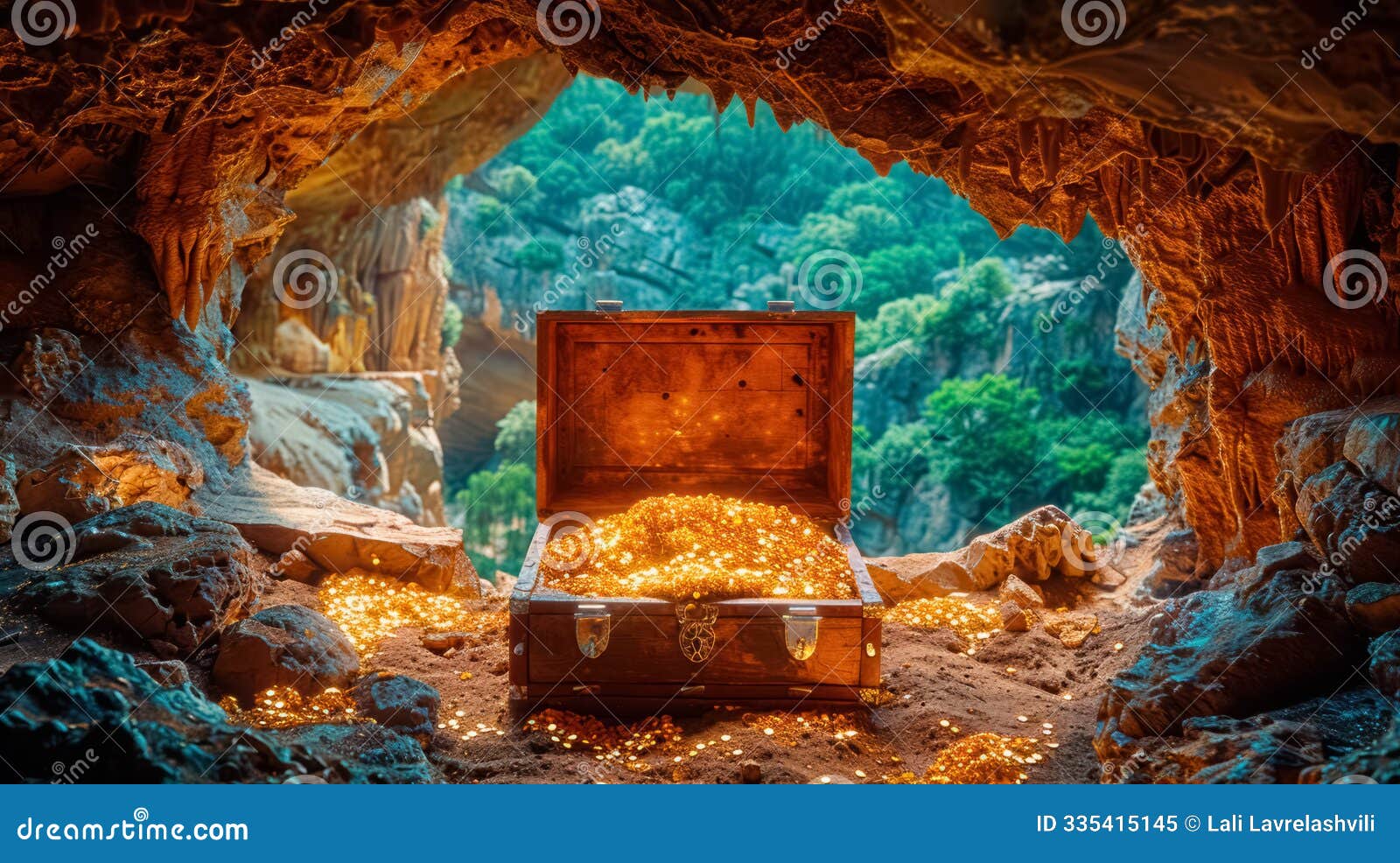 Cave with an Open Treasure Box Filled with Shiny Gold Stock ...