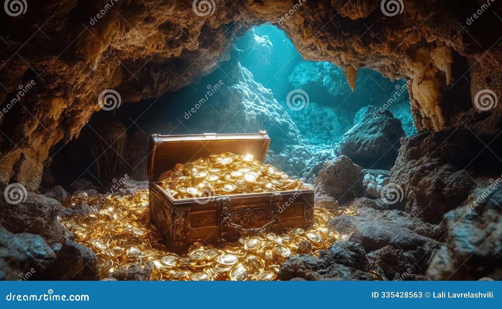 Cave with an Open Treasure Box Filled with Shiny Gold Stock ...