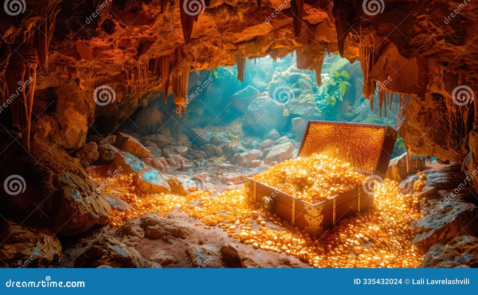 Cave with an Open Treasure Box Filled with Shiny Gold Stock ...
